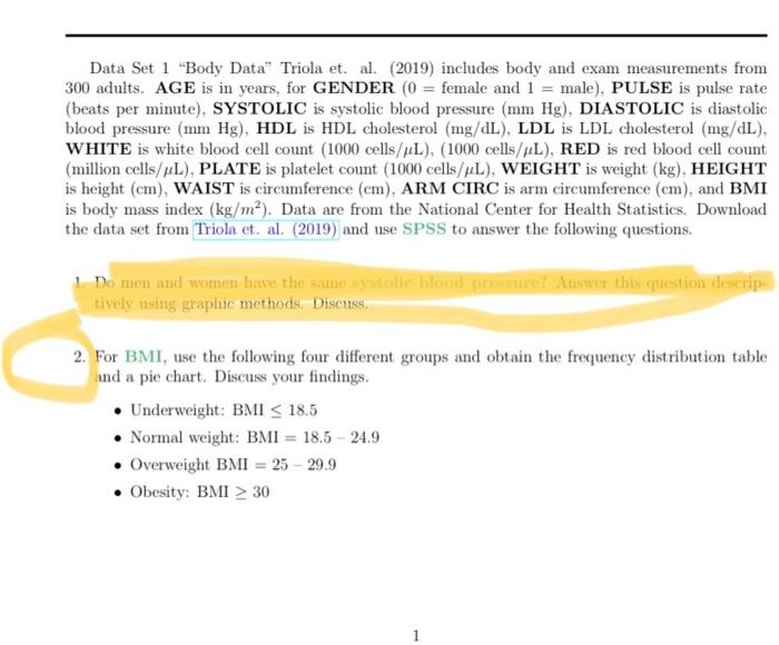 Data Set 1 Body Data Triola Et Al 2019 Includes 