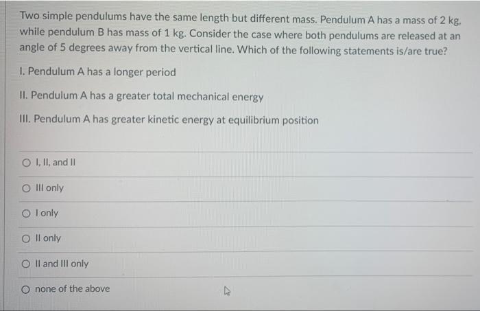 Solved Two simple pendulums have the same length but | Chegg.com