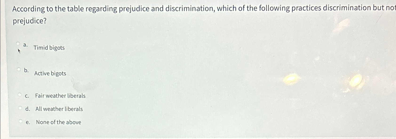 Solved According to the table regarding prejudice and | Chegg.com