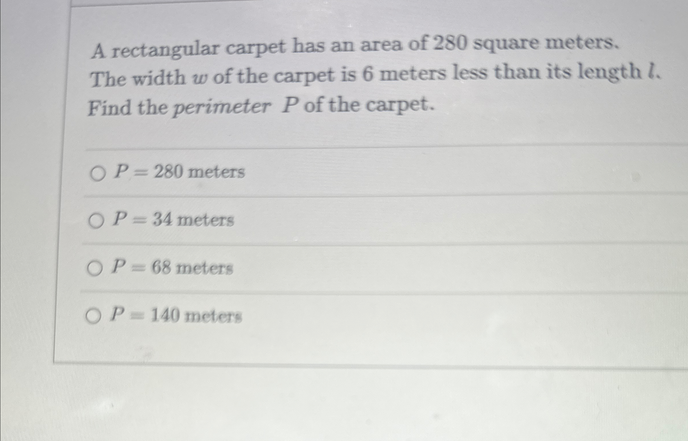 Solved A rectangular carpet has an area of 280 ﻿square | Chegg.com