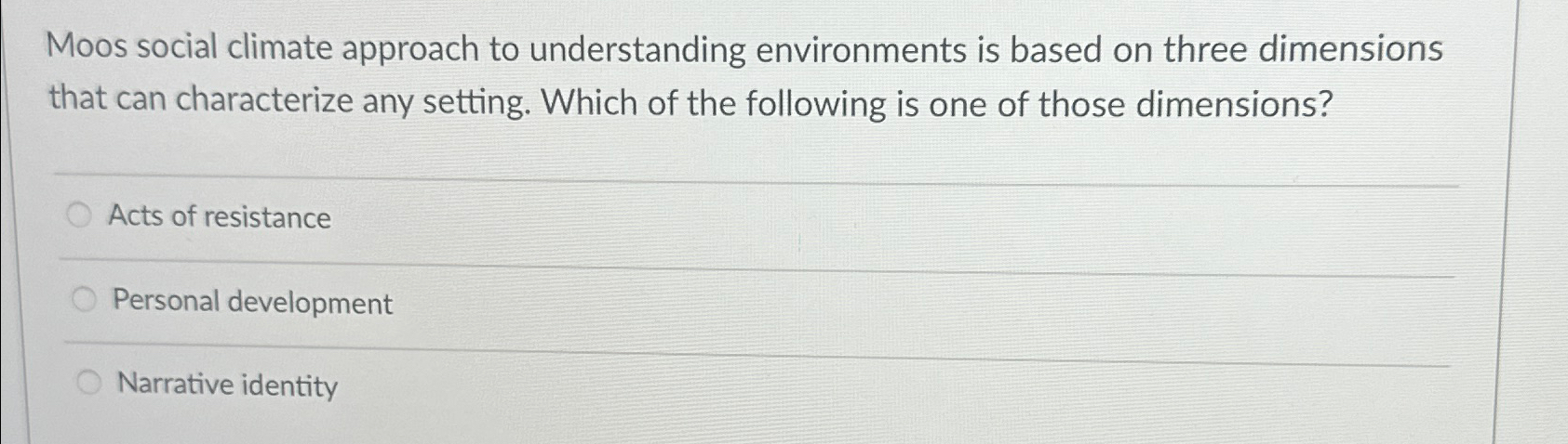 Solved Moos social climate approach to understanding | Chegg.com