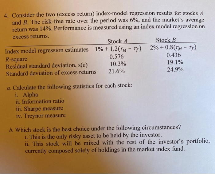 Solved 4. Consider the two (excess return) index-model | Chegg.com