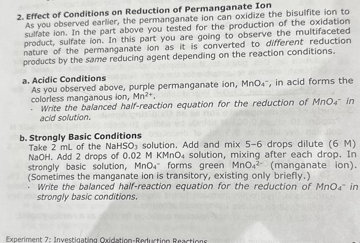 Solved 2 Effect Of Conditions On Reduction Of Permanganate