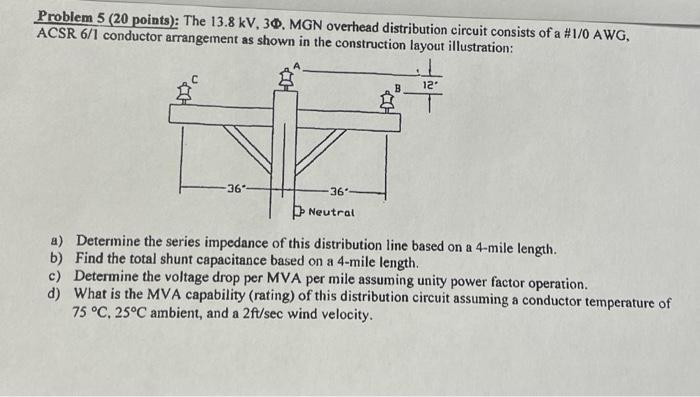 Solved Problem 5 ( 20 points): The 13.8kV,3Φ. MGN overhead | Chegg.com