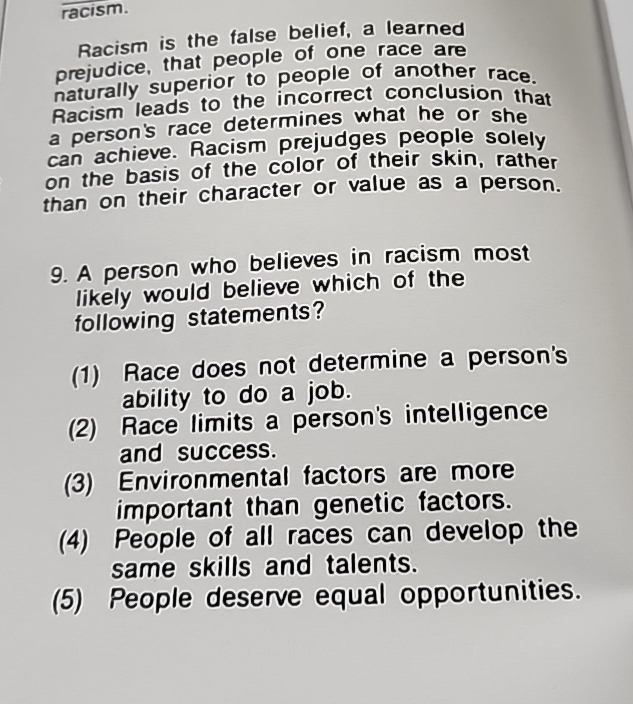 Solved racism.Racism is the false belief, a learned | Chegg.com