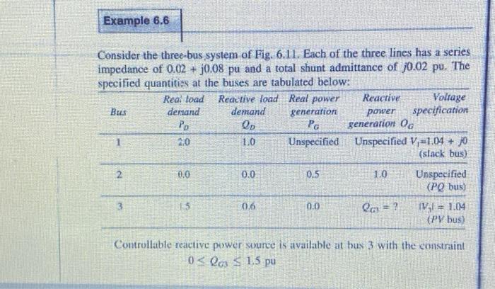 Solved Consider the three-bus system of Fig. 6.11. Each of | Chegg.com