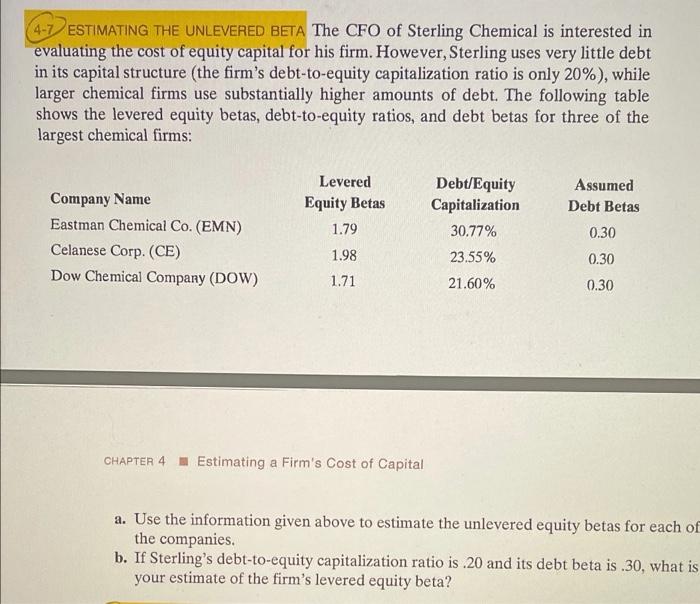 Solved PROBLEM 4-7 Given Analysis of unlevered equity beta | Chegg.com
