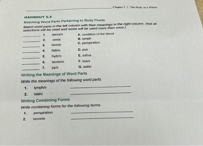 Solved HANDOUT 5.5 Matching Word Parts Portaining to Body | Chegg.com