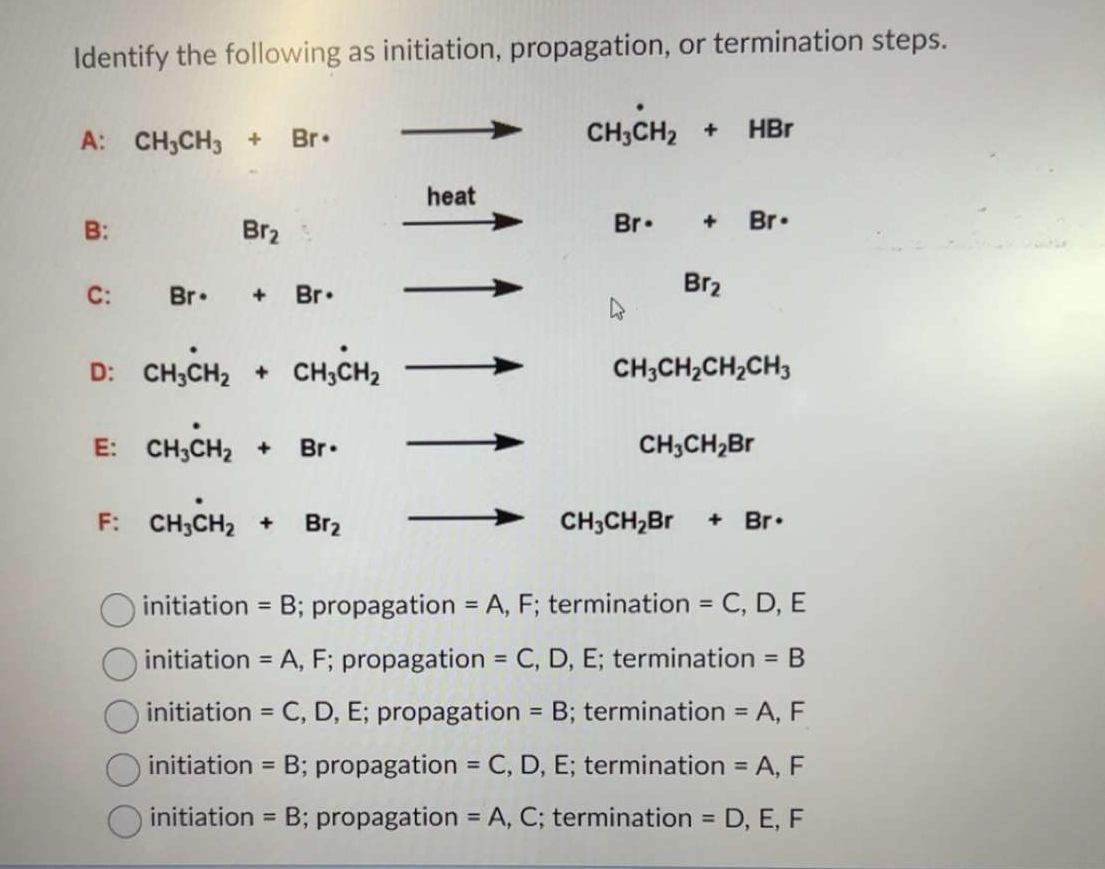 Solved Identify the following as initiation, propagation, or | Chegg.com