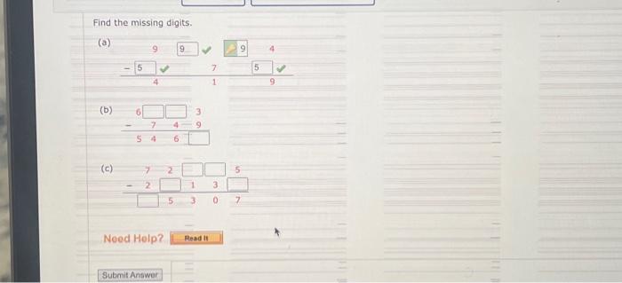 Solved Find the missing digits. (a) (b) (c) - 5 6 9 7 2 4 7 | Chegg.com