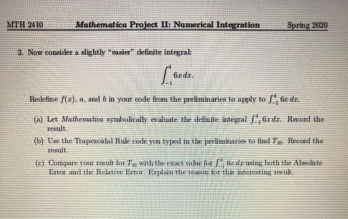 MTH 2410 Mathematica Project II: Numerical | Chegg.com