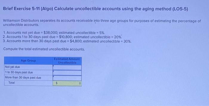 Solved Brief Exercise 5-11 (Algo) Calculate uncollectible | Chegg.com