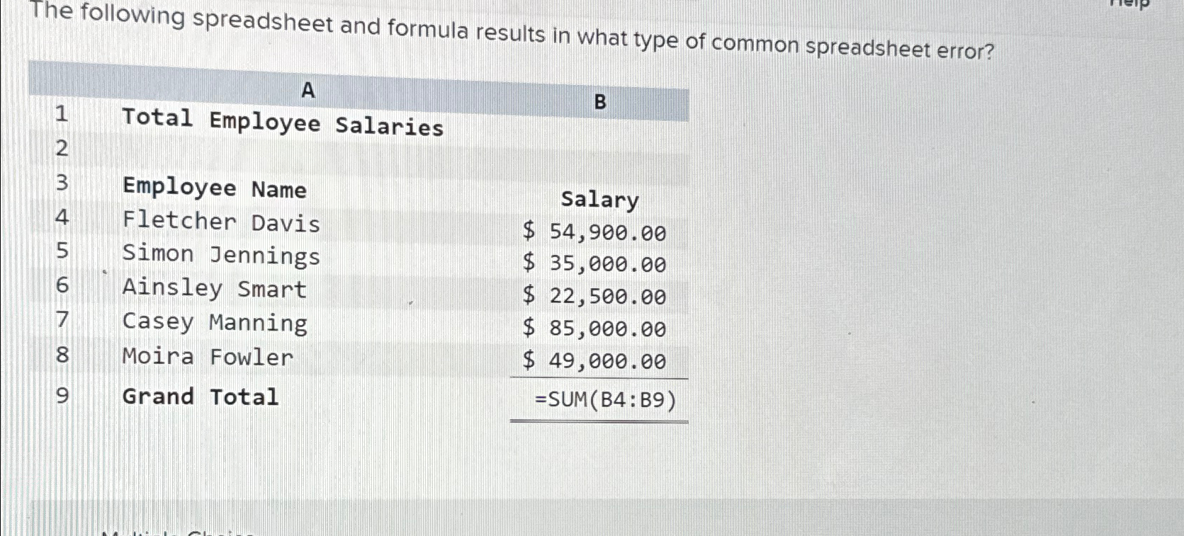Solved The following spreadsheet and formula results in what | Chegg.com