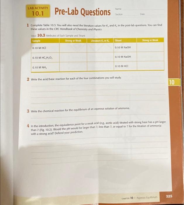 Solved Pre-Lab Questions 1 Complete Table 10.3. You will | Chegg.com