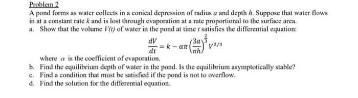 Solved Problem 2 A pond forms as water collects in a conical | Chegg.com