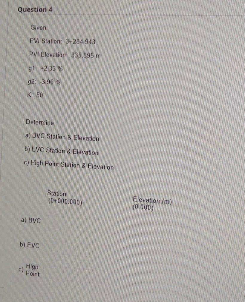 Solved Question 4 Given PVI Station 3+284.943 PVI Elevation | Chegg.com