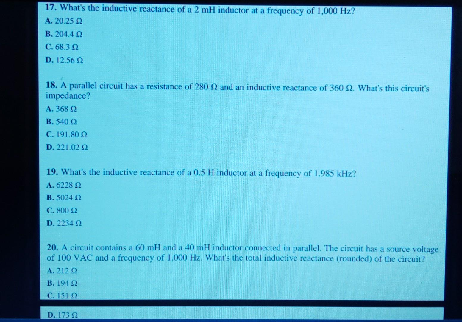 Solved 17. What's the inductive reactance of a 2mH inductor | Chegg.com