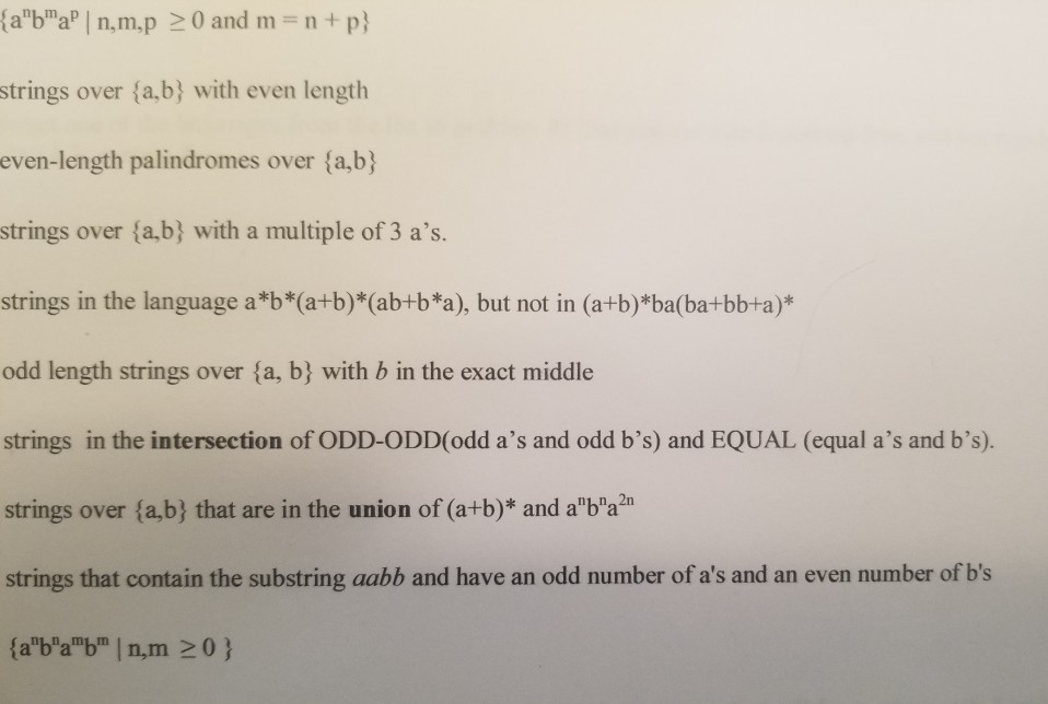 Solved {a"b"a! | n,m,p >0 and m=n+p} strings over {a,b} with | Chegg.com