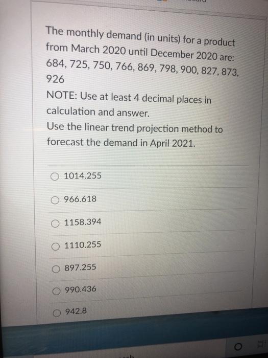Solved The monthly demand (in units) for a product from | Chegg.com