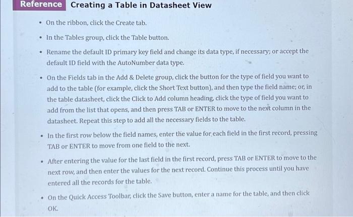 Solved Reference Creating a Table in Datasheet View . On the | Chegg.com