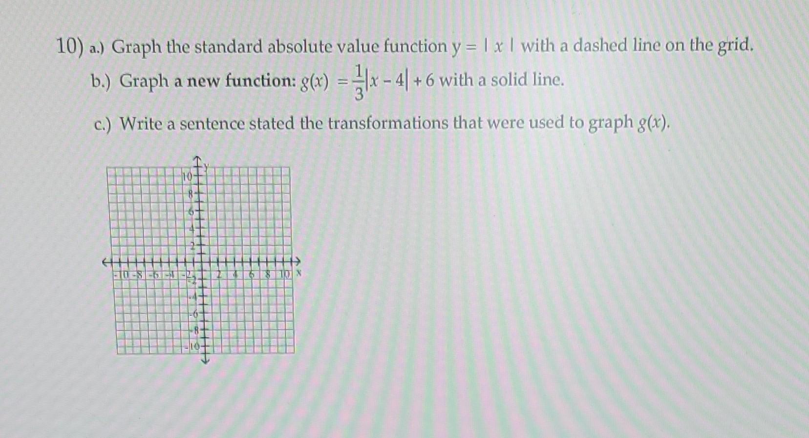 Solved 10) a.) Graph the standard absolute value function y | Chegg.com