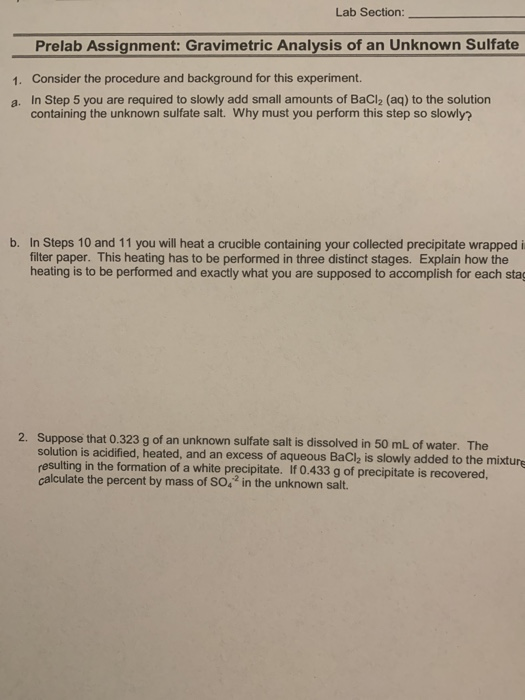 Lab Section: Prelab Assignment: Gravimetric Analysis | Chegg.com