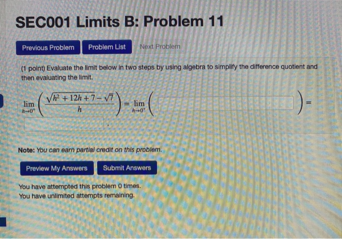 Solved SEC001 Limits B: Problem 11 Previous Problem Problem | Chegg.com