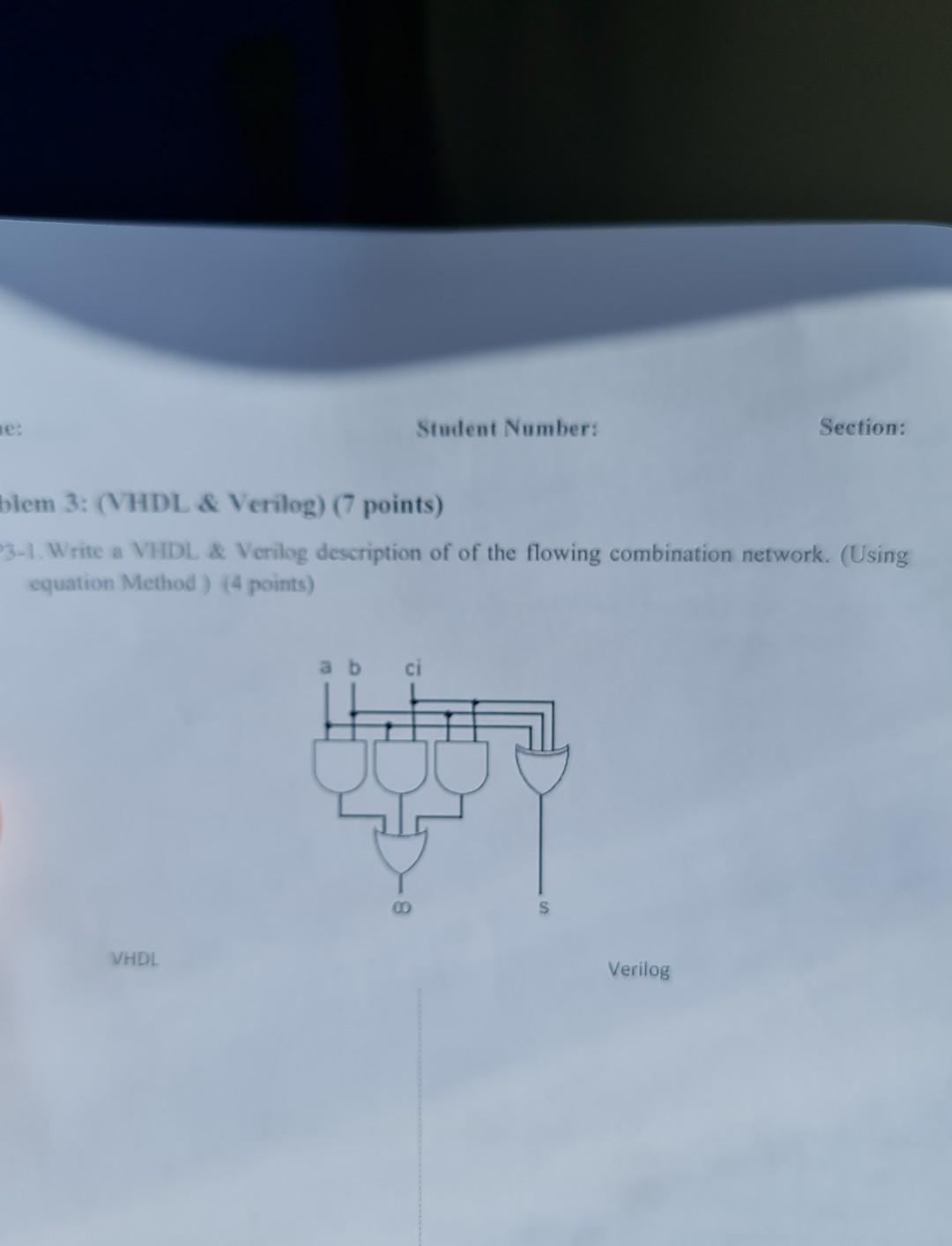 Solved se: Student Number: Section: blem 3: (VHDL & Verilog) | Chegg.com