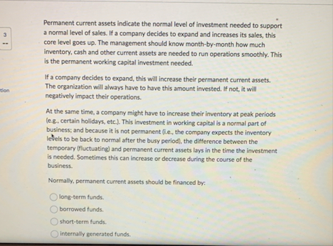 Solved Permanent current assets indicate the normal level of | Chegg.com