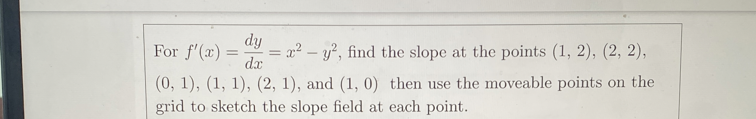 Solved For f'(x)=dydx=x2-y2, ﻿find the slope at the points | Chegg.com