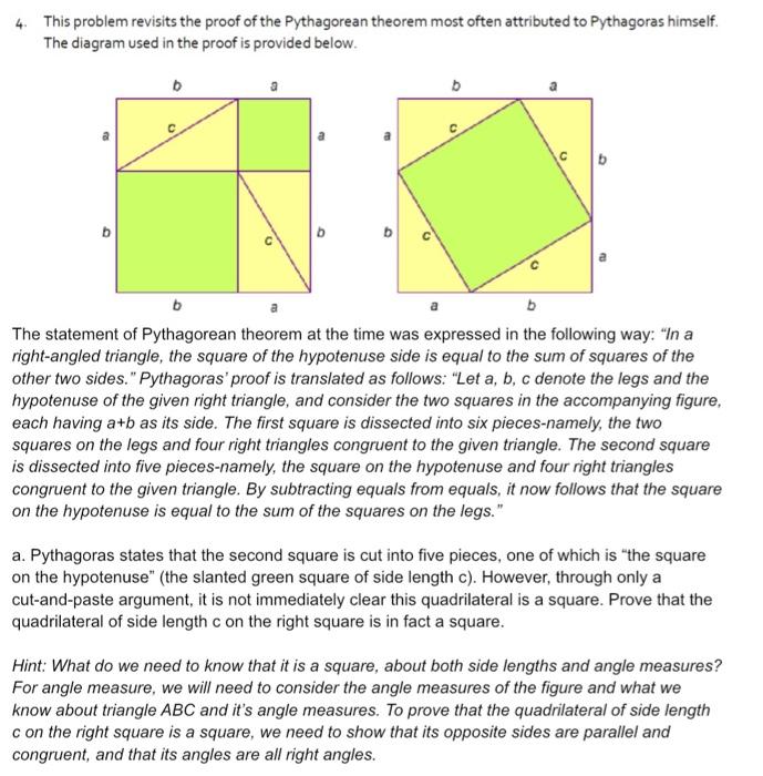 Solved 4. This problem revisits the proof of the Pythagorean | Chegg.com