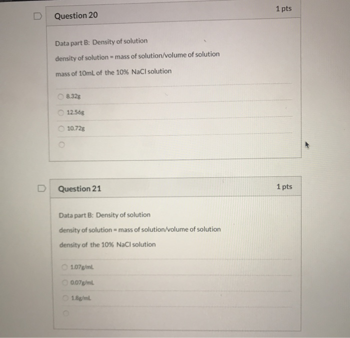 Solved 1 pts Question 20 Data part B: Density of solution | Chegg.com