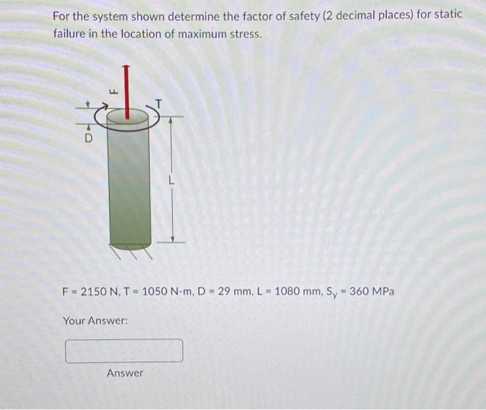 Solved For the system shown determine the factor of safety | Chegg.com