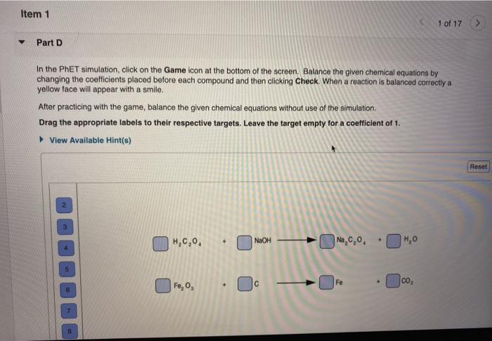 Solved Item 1 1 of 17 Part D In the PhET simulation, click | Chegg.com