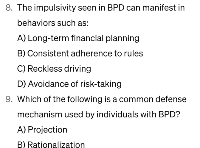 Solved The impulsivity seen in BPD can manifest in behaviors | Chegg.com