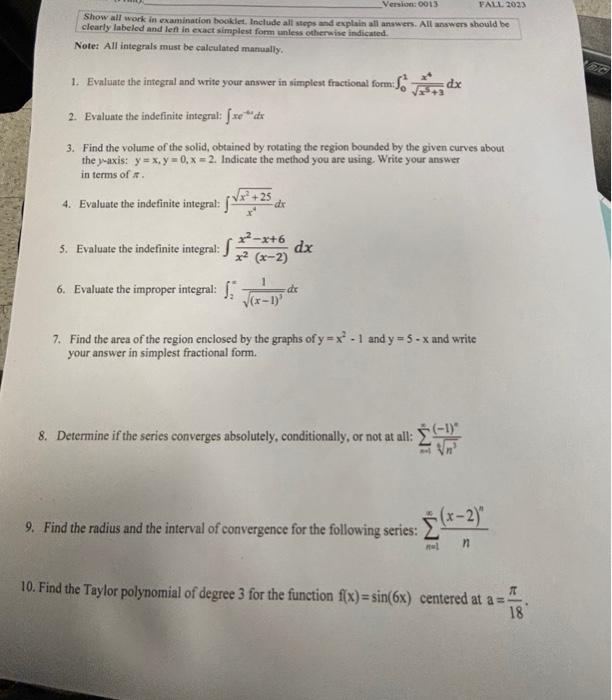 Solved Show all work in examination bookiet, Include all | Chegg.com
