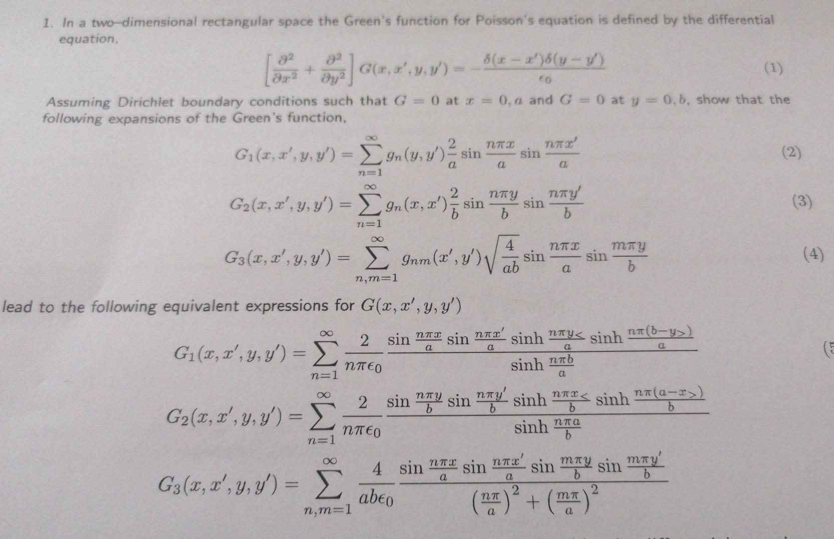 Solved 1. In a two-dimensional rectangular space the Green's | Chegg.com