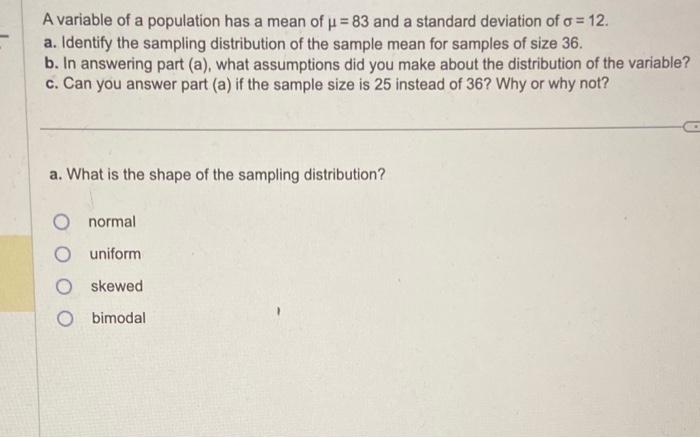 Solved A variable of a population has a mean of μ=83 and a | Chegg.com
