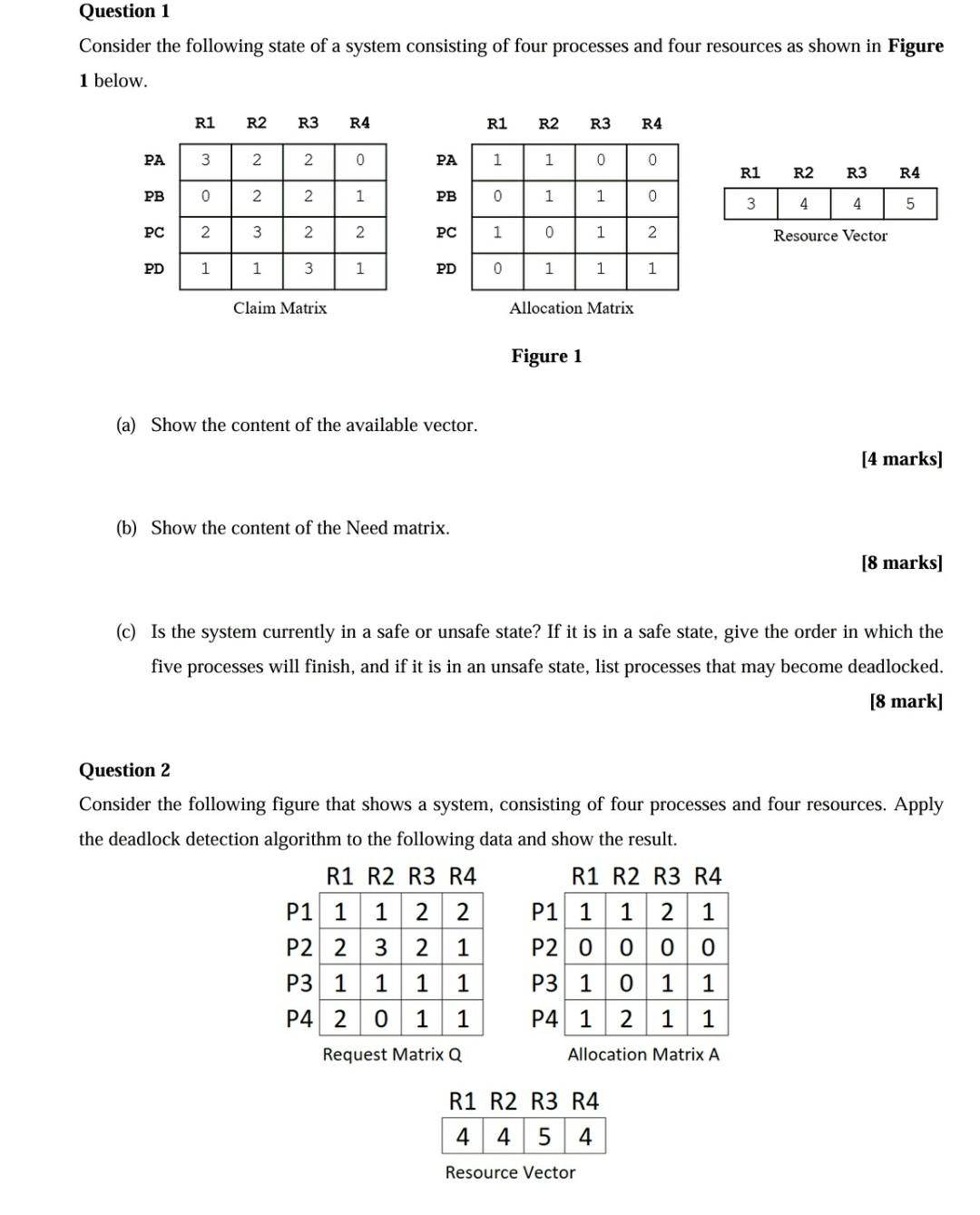 Solved Question 1 Consider the following state of a system | Chegg.com