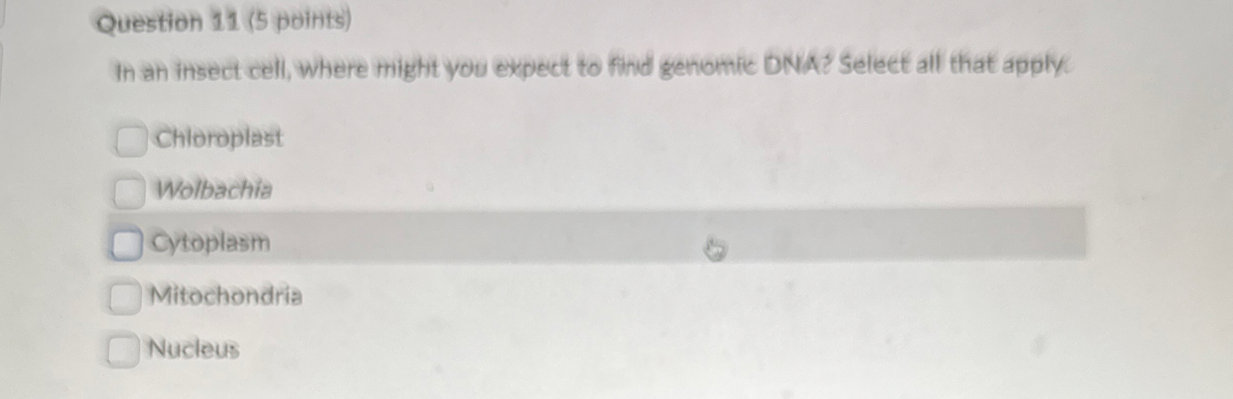 Solved Question 11 (5 ﻿points)In an insect cell, where mieft | Chegg.com