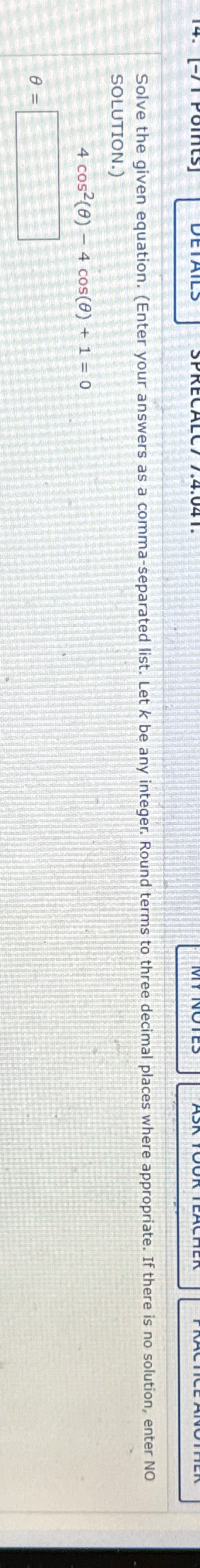 Solved SOLUTION.)4cos2(θ)-4cos(θ)+1=0θ= | Chegg.com