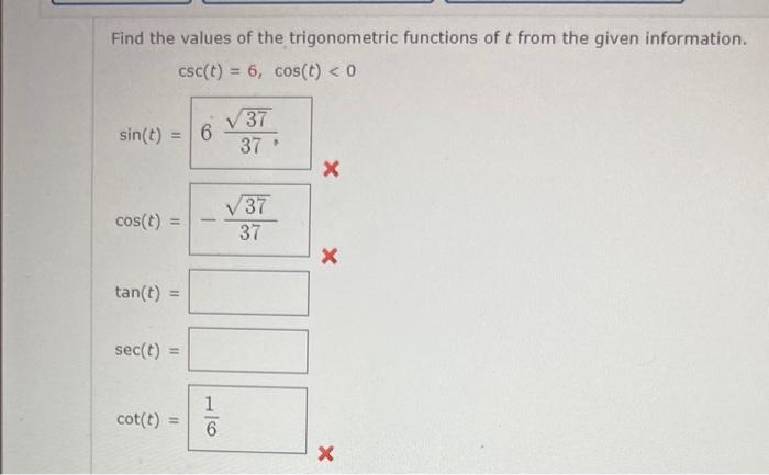 Solved Find the values of the trigonometric functions of t | Chegg.com