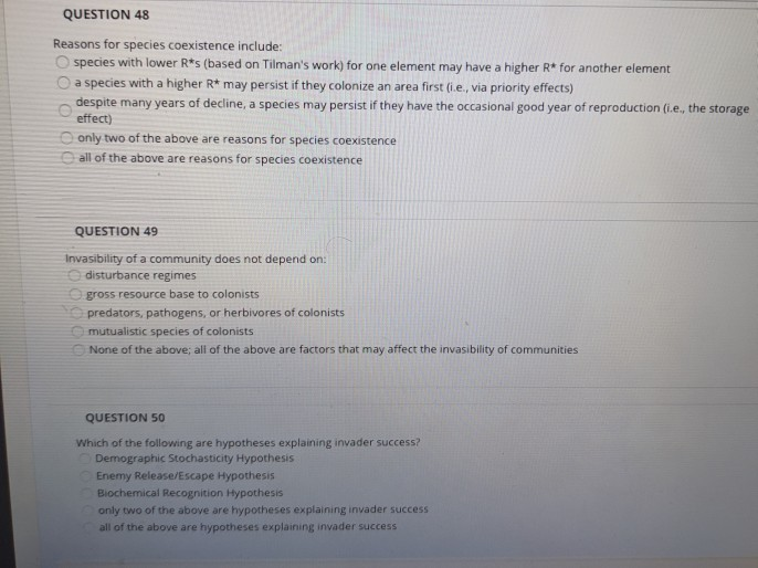 Solved QUESTION 48 Reasons for species coexistence include: | Chegg.com