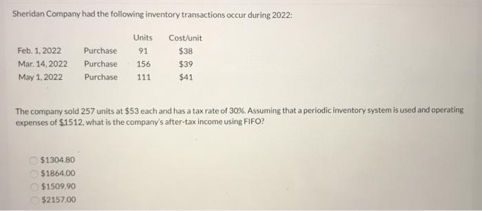 Solved Sheridan Company had the following inventory | Chegg.com