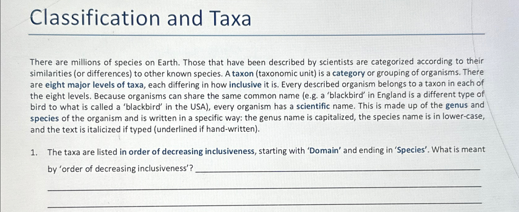 Solved Classification and TaxaThere are millions of species | Chegg.com