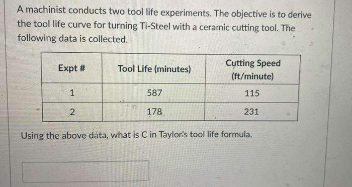Solved A machinist conducts two tool life experiments. The | Chegg.com