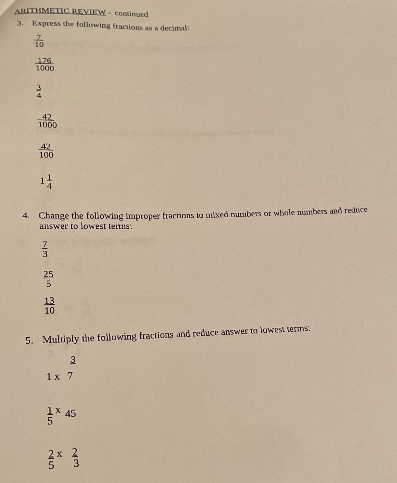 Solved ARITHMETIC REVIEW - ﻿continued3. ﻿Express the | Chegg.com