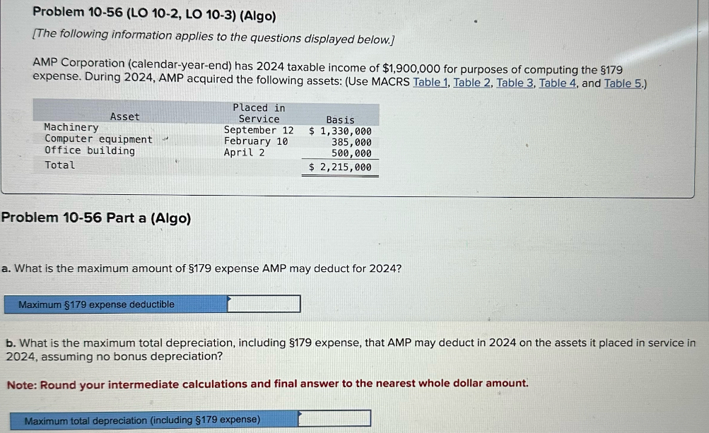 Solved Problem 10-56 (LO 10-2, ﻿LO 10-3) (Algo)[The | Chegg.com