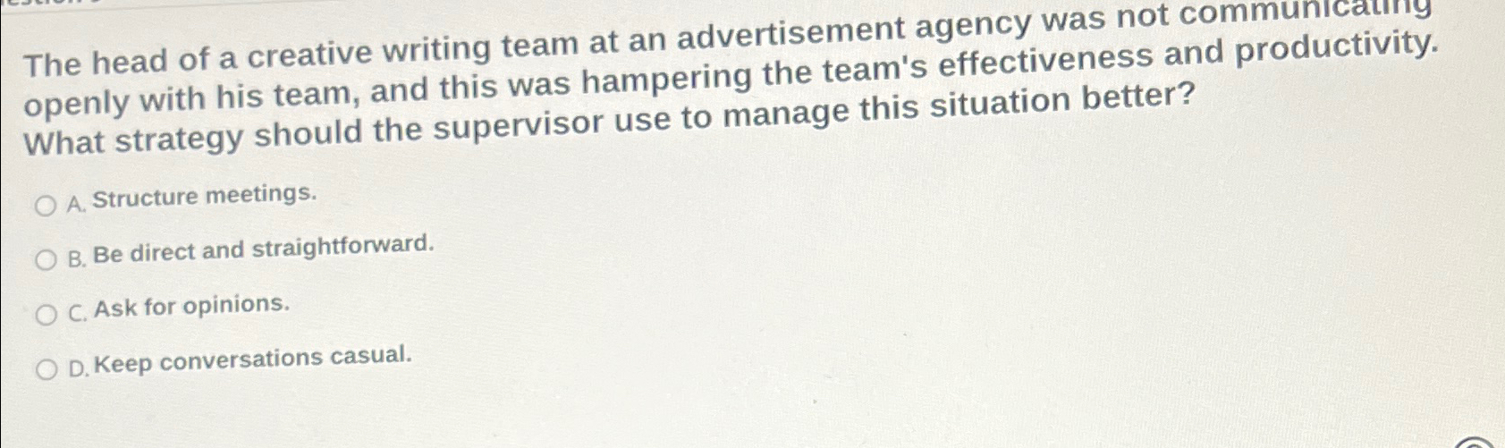 Solved The head of a creative writing team at an | Chegg.com