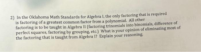 Solved 2) In the Oklahoma Math Standards for Algebra I, the | Chegg.com